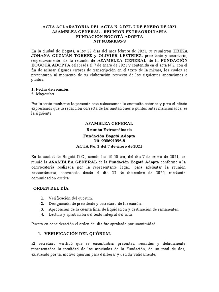 Acta Aclaratoria Del Acta N. 2 Del 7 de Enero de 2021 | PDF | Gobierno