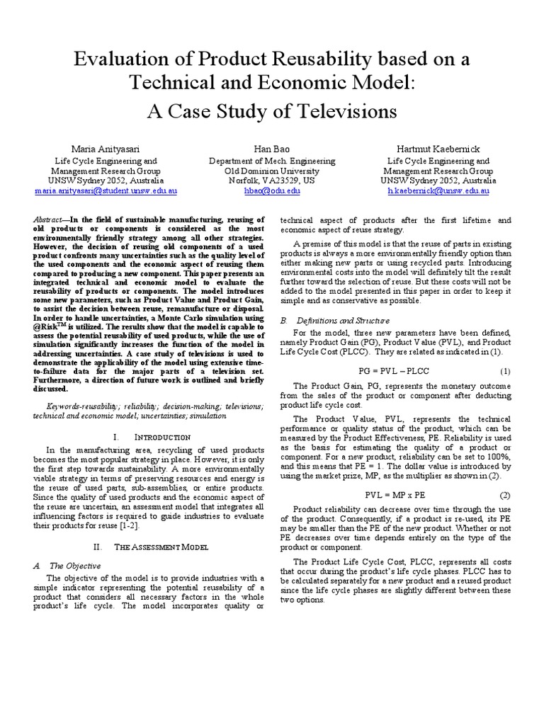 Evaluation of Product Reusability Technical and Economic Model Case ...