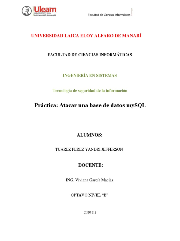 Lab Attacking A Mysql Database Tuarez Perez Yandri8b Pdf Sql Mi Sql