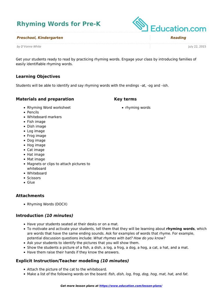 Rhyming Words for Pre-K: A Lesson Plan for Teaching Students to ...