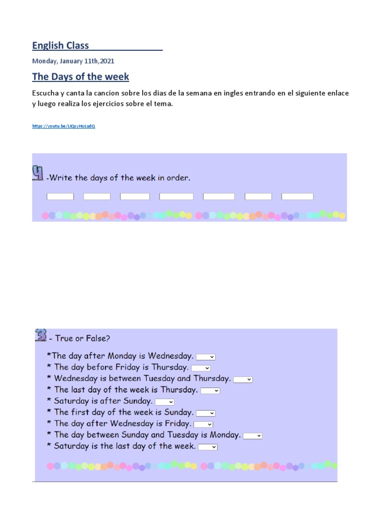 Actividades de los Días de la Semana en Inglés | PDF