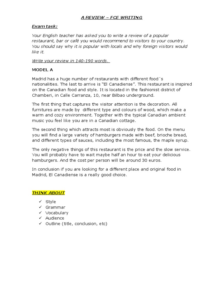 Fce Review Sample A | PDF | Cooking, Food & Wine