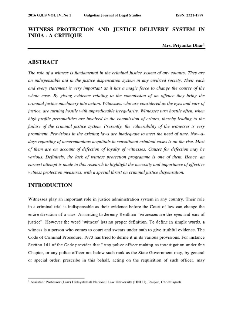 Witness Protection and Justice Delivery System in India Critique ...