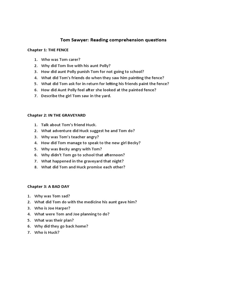 Tom Sawyer Reading Comprehension Questions | PDF