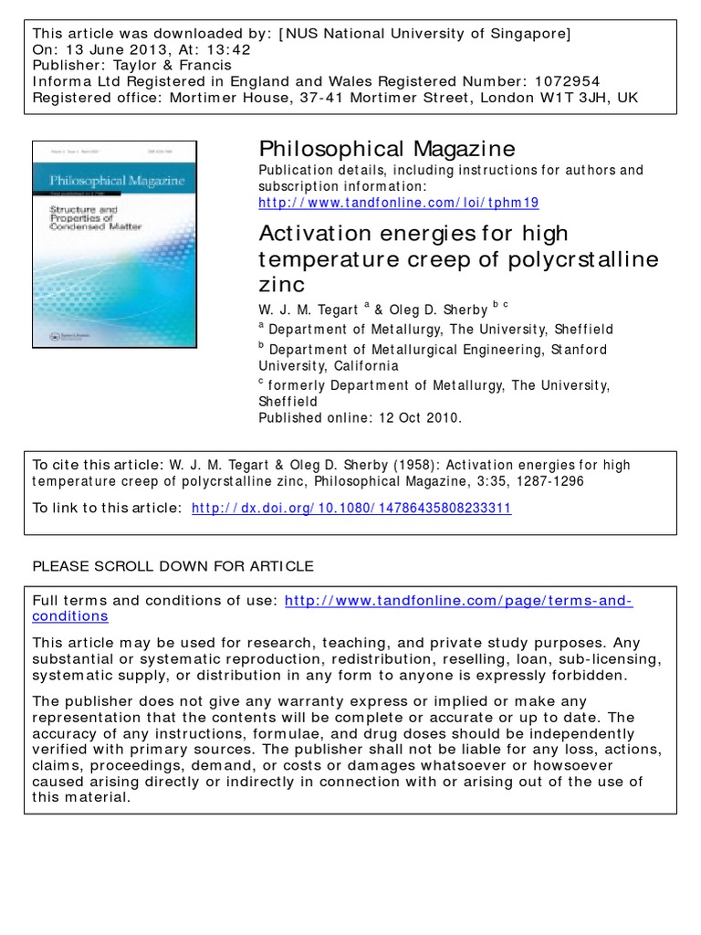 Zinc Creep Activation Energies | PDF | Creep (Deformation) | Crystallite
