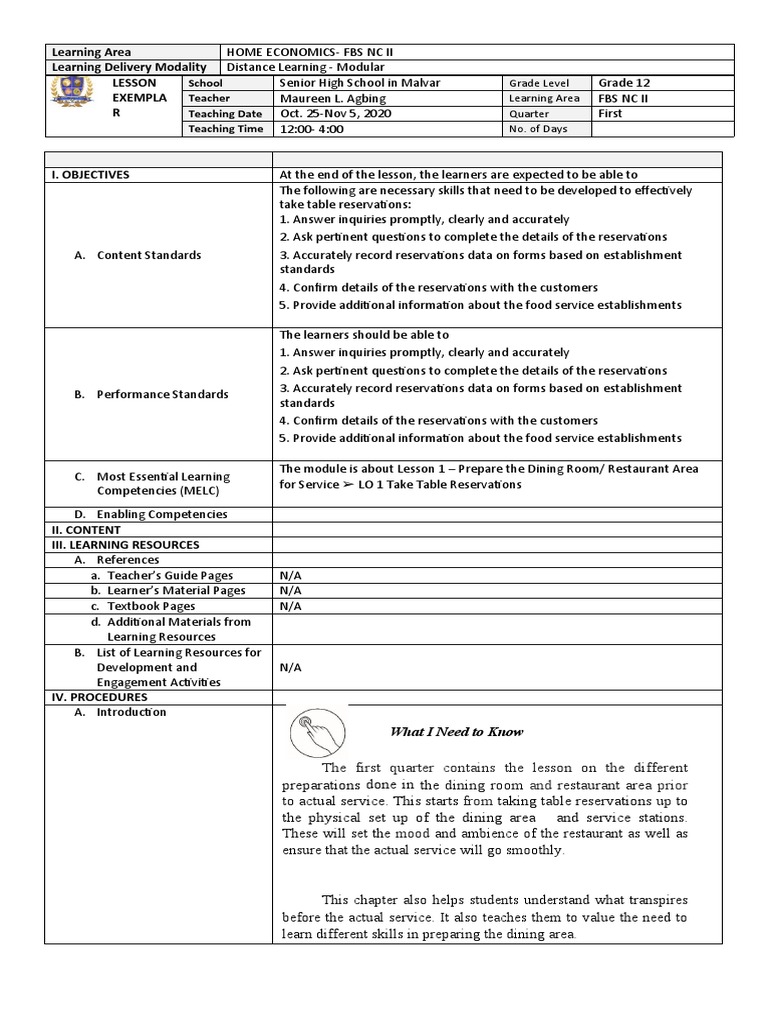 Learning Area Learning Delivery Modality Lesson Exempla R: School ...