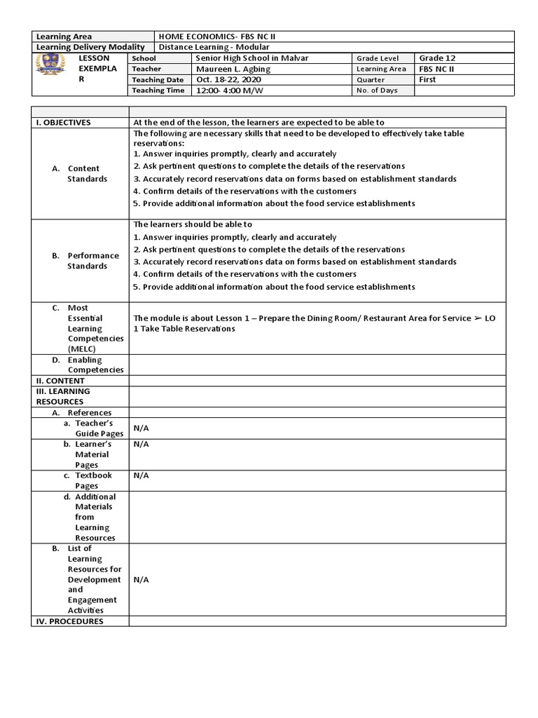 Fbs Week 2 Exemplar | PDF | Restaurants | Tableware