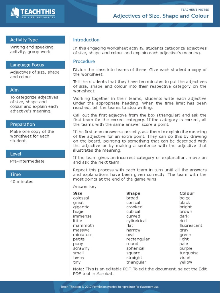 Adjectives of Size Shape and Colour | PDF | English As A Second Or ...