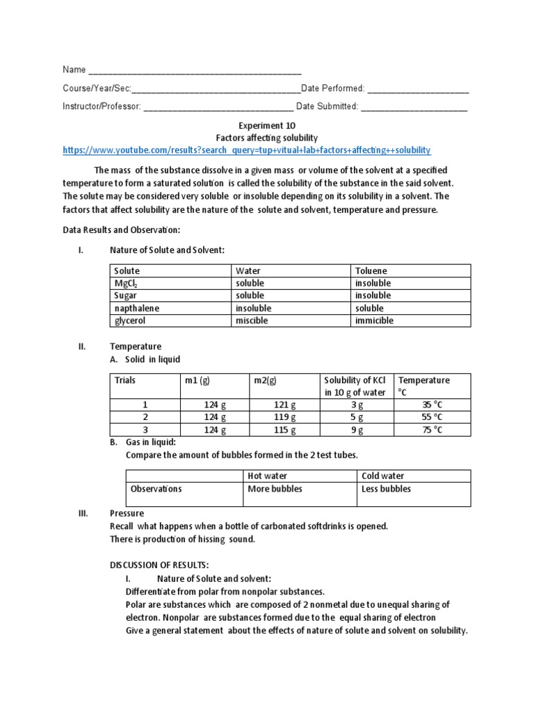 Experiment 10. Factors Affecting Solubility | PDF | Solubility | Solution