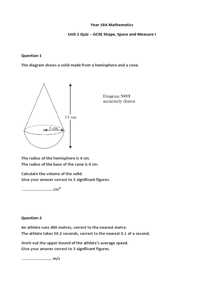 GCSE Maths Shape, Space and Measure Quiz | PDF | Significant Figures | Area