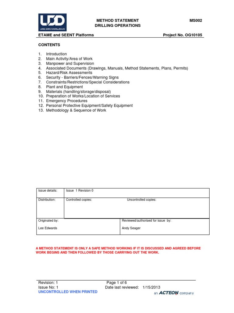 Method Statement Drilling Operations MS002: Uncontrolled When Printed | Download Free PDF ...