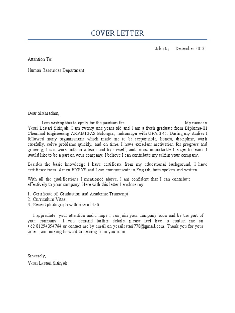 Cover Letter for Chemical Engineering Graduate | PDF