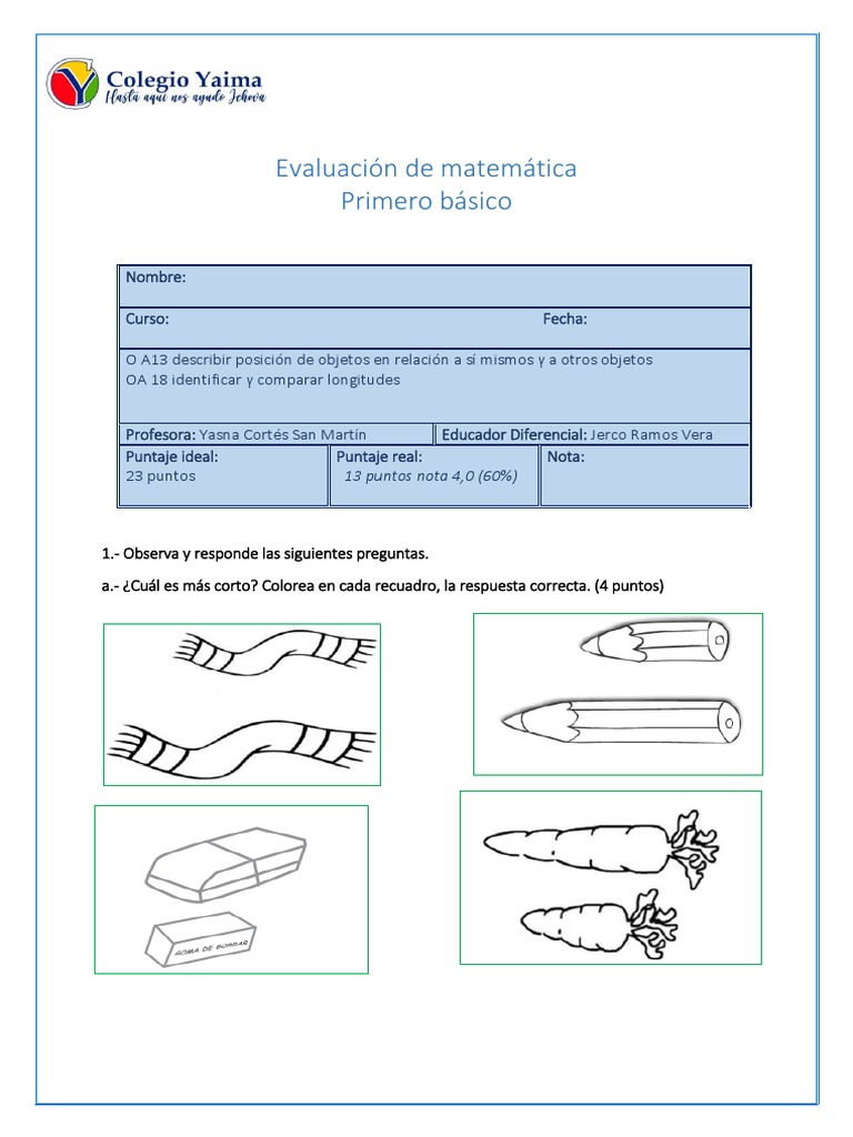 Evaluación Longitud y Posición de Objetos Primero Básico | PDF