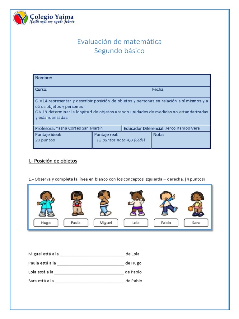 Evaluación de Matemática Segundo Básico. Longitud y Posición de Objetos ...