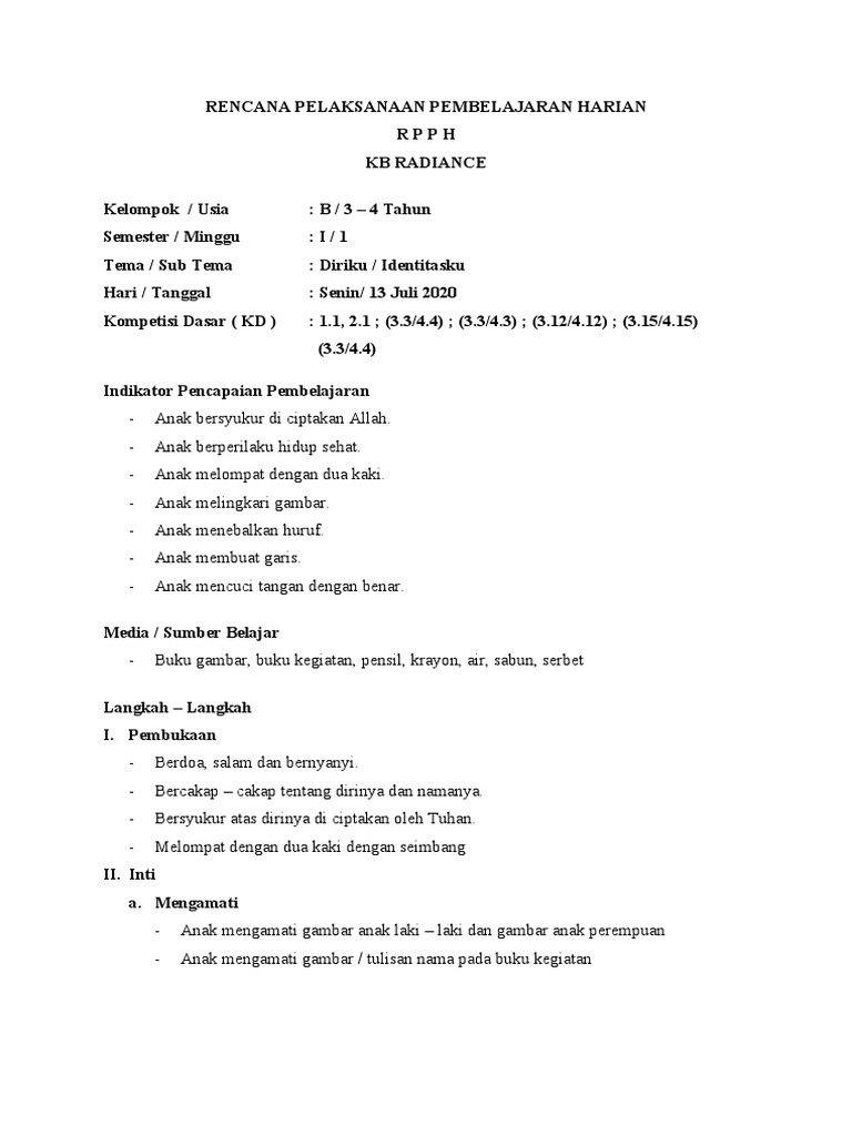 RPPH Tema Diriku untuk Kelompok B | PDF | Karier & Perkembangan | Ilmu ...