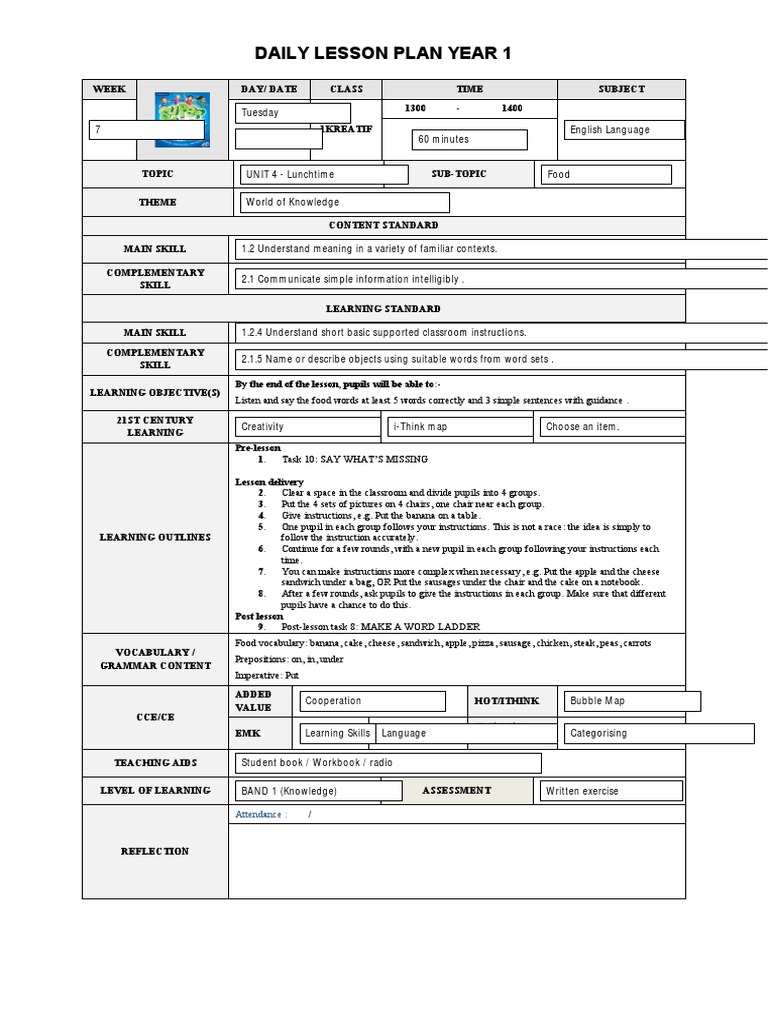 Daily Lesson Plan Year 1: Attendance | PDF | Lesson Plan | Vocabulary