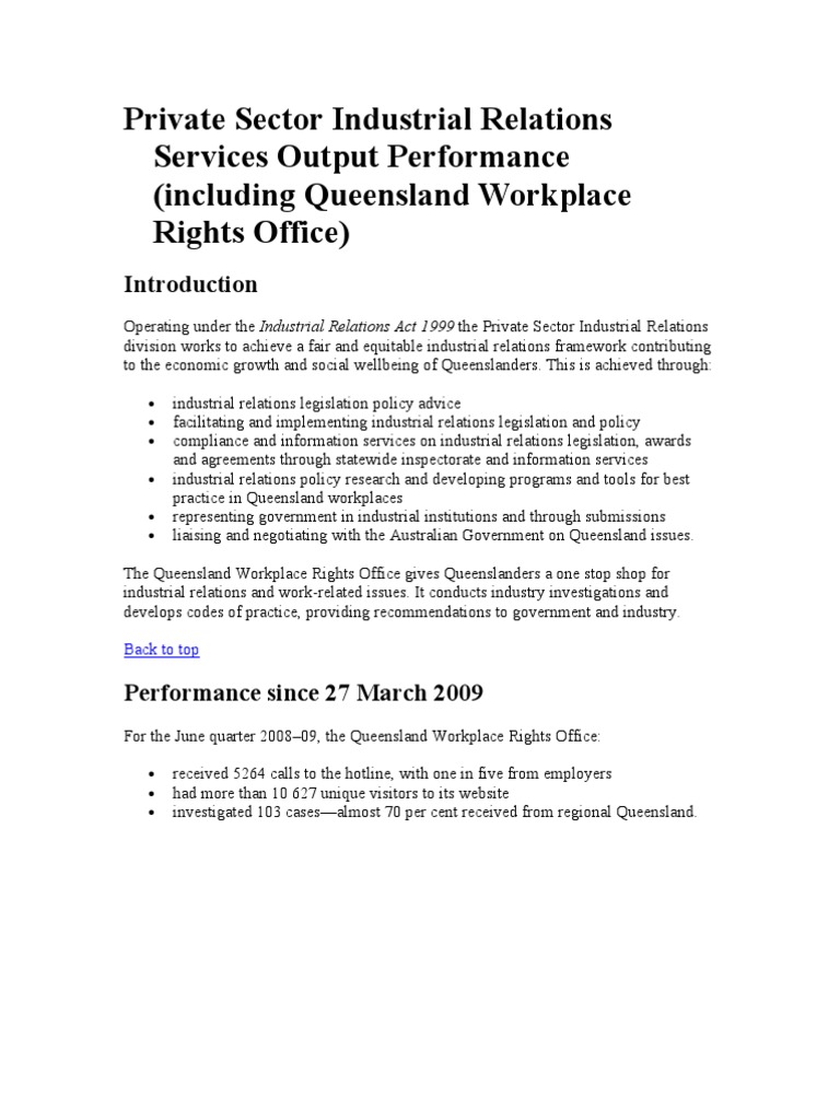 Private Sector Industrial Relations Services Output Performance ...