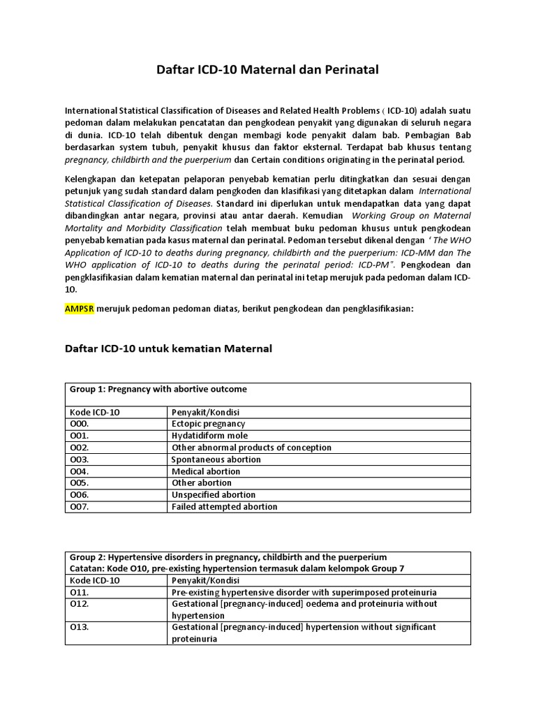 Kode ICD-10 untuk Kematian Maternal dan Perinatal | PDF