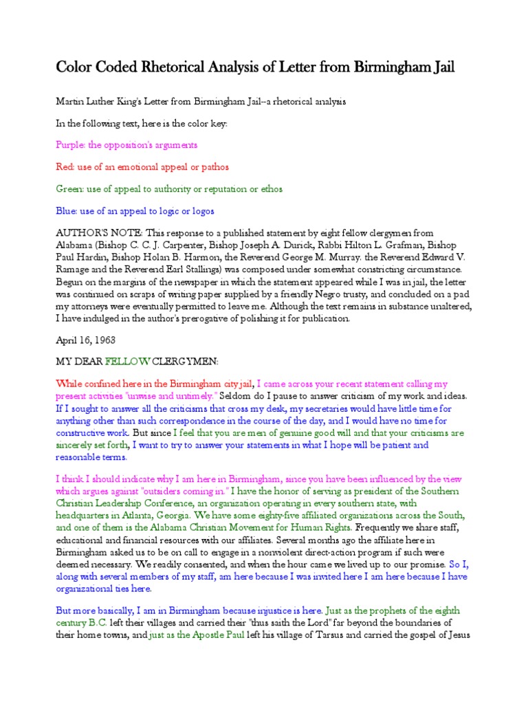 Color Coded Rhetorical Analysis of Letter From Birmingham Jail | PDF ...