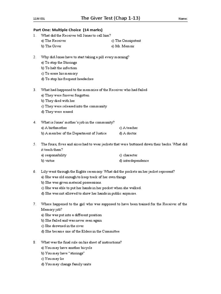 The Giver Test Chap 1-13 | PDF | The Giver
