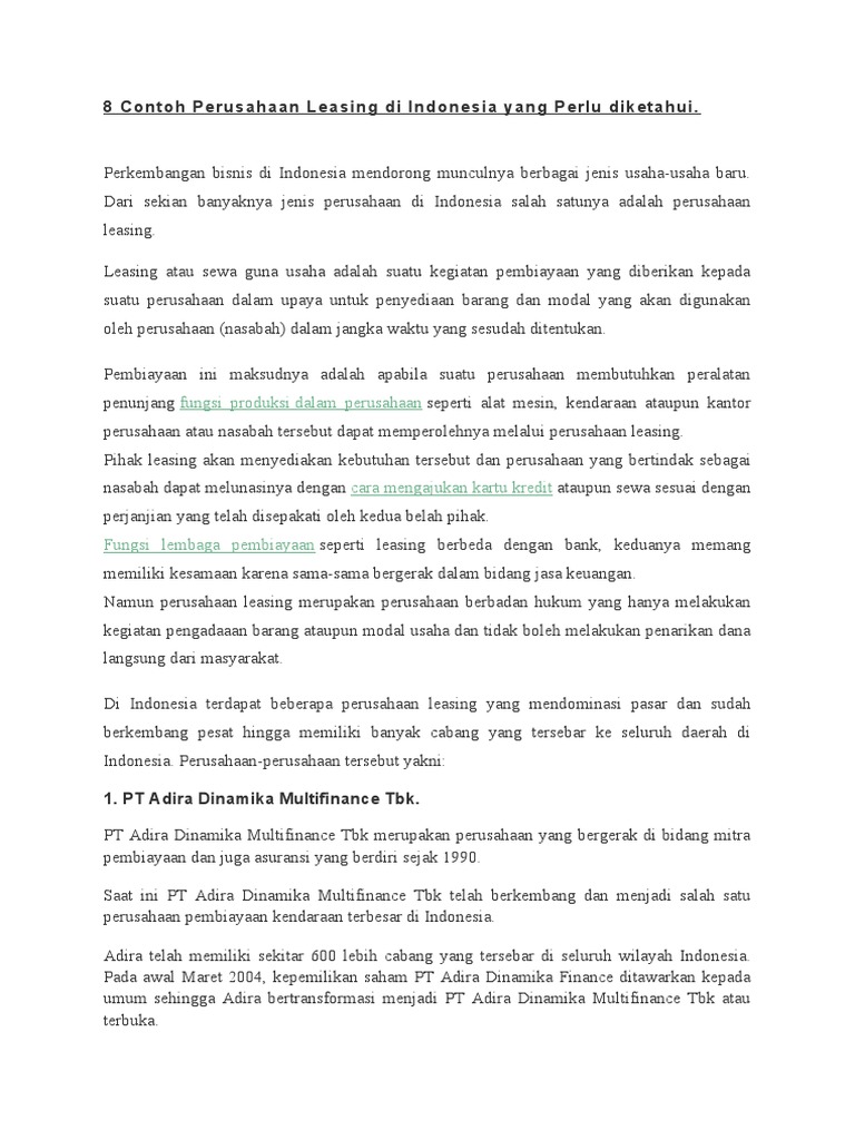 8 Contoh Perusahaan Leasing Di Indonesia Yang Perlu Diketahui | PDF