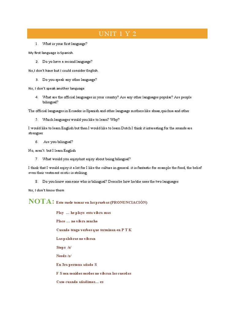Unit 1 Y 2: Nota | Download Free PDF | English Language | Languages