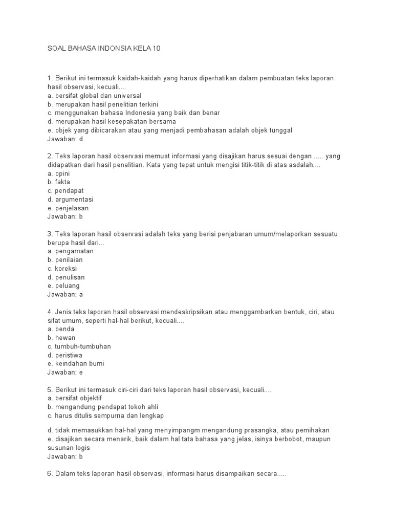 Soal Bahasa Indonsia Kela 10 | PDF