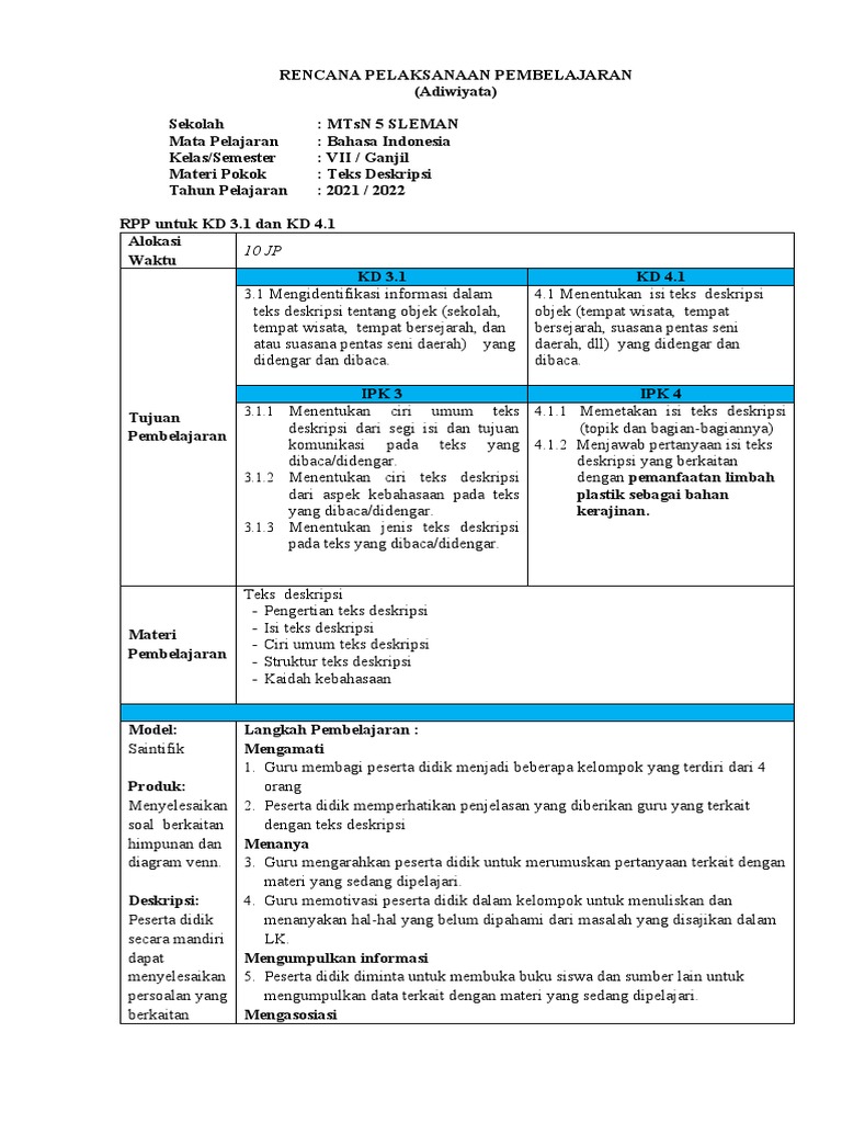 RPP ADIWIYATA Dan Moderasi Beragama | PDF