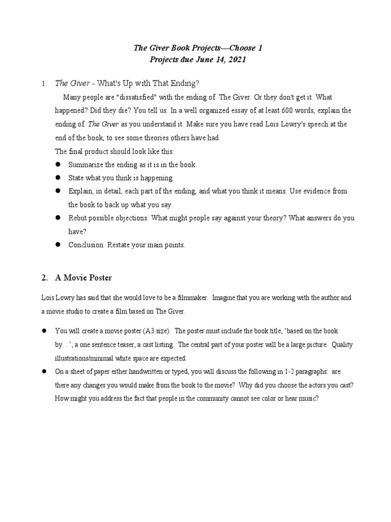 The Giver Book Projects | Download Free PDF | The Giver | Utopia