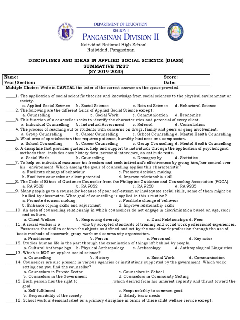 Applied Social Sciences Summative Test: Understanding Key Concepts in ...