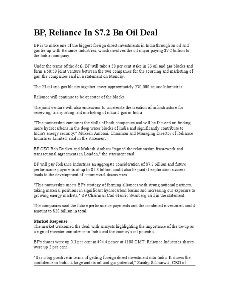 BP, Reliance in $7.2 BN Oil Deal: Market Response | PDF | Bp | Natural Gas
