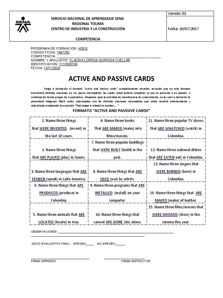Active and Passive Cards Exercise | PDF | Linguistics