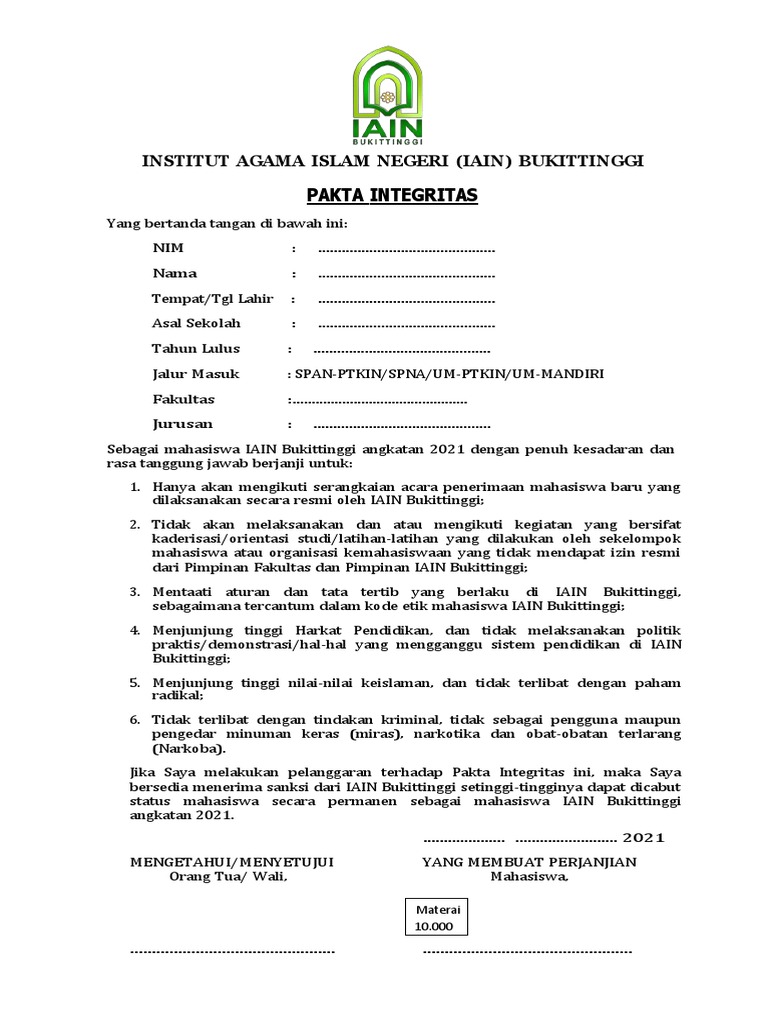 Pakta Integritas Mahasiswa Baru 2021 | PDF