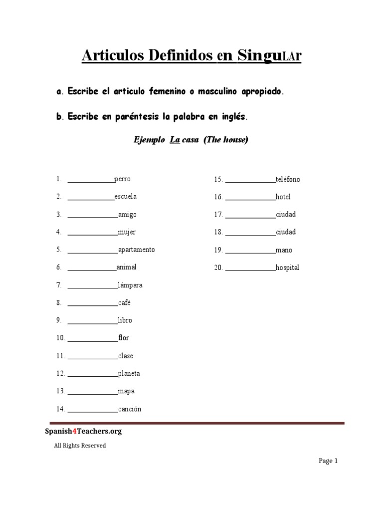 Spanish Worksheet Masculine and Feminine Definite Articles Articulos ...
