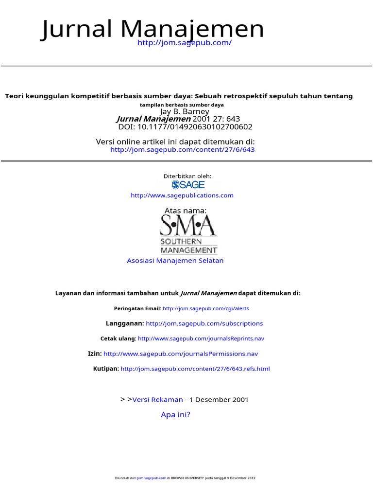 Resource-Based Theories of Competitive Advantage, A Ten Year ...