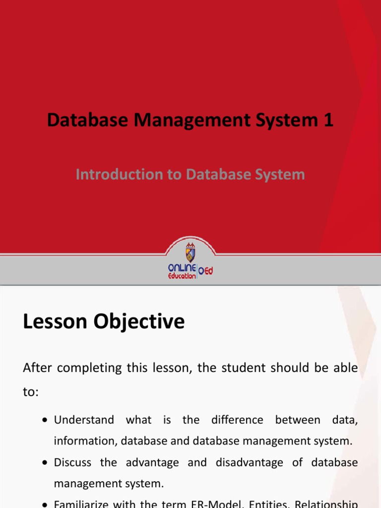 Lesson 1 - Introduction To Database Management System - Presentation PDF | PDF | Database Design ...