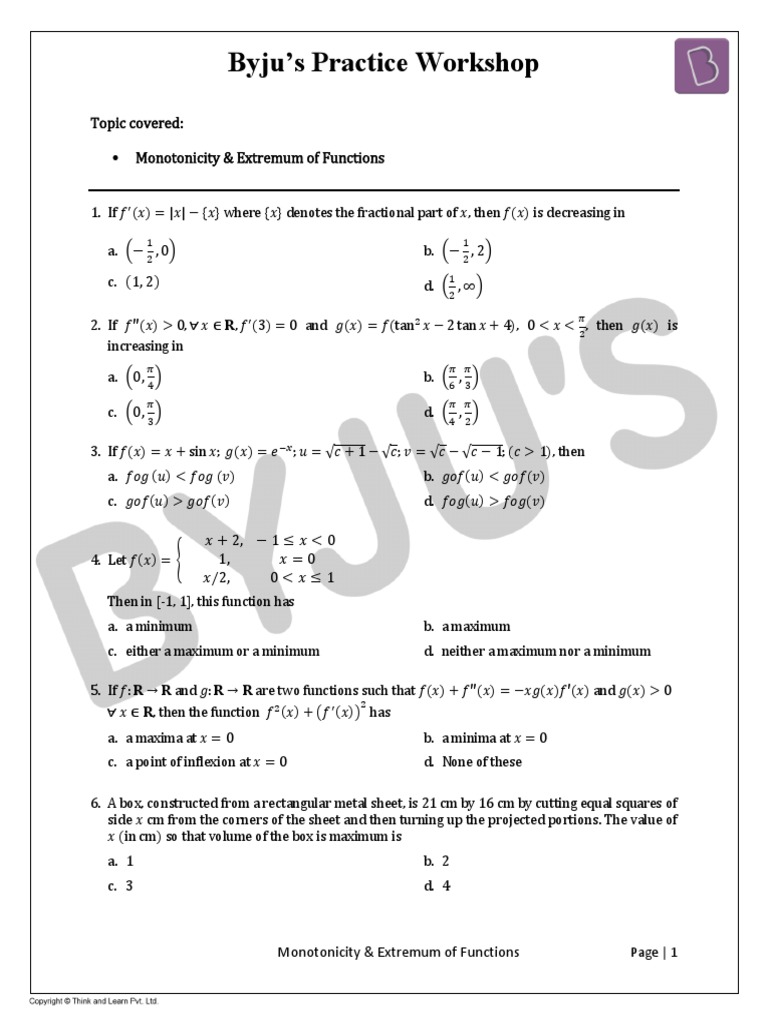 Monotonicity And Extremum Of Functions Pdf Maxima And Minima