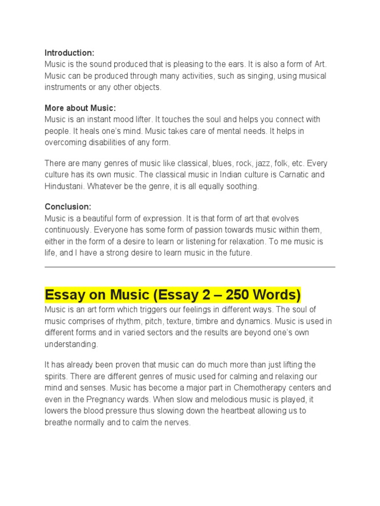 Essay On Music (Essay 2 - 250 Words) | PDF