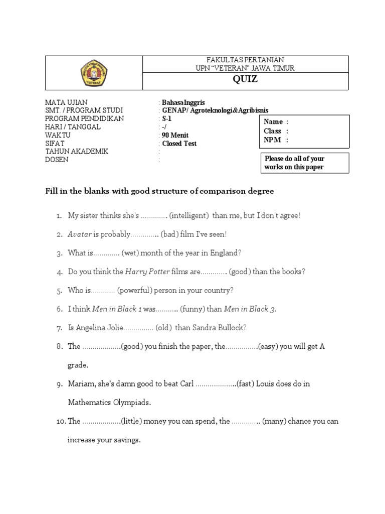 Name: Class: NPM: Fakultas Pertanian Upn "Veteran" Jawa Timur | PDF ...