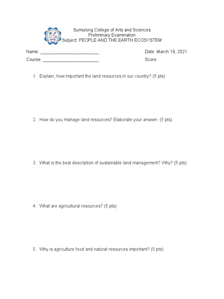 People and Earth Ecosystem Exam | PDF | Social Science | Science ...