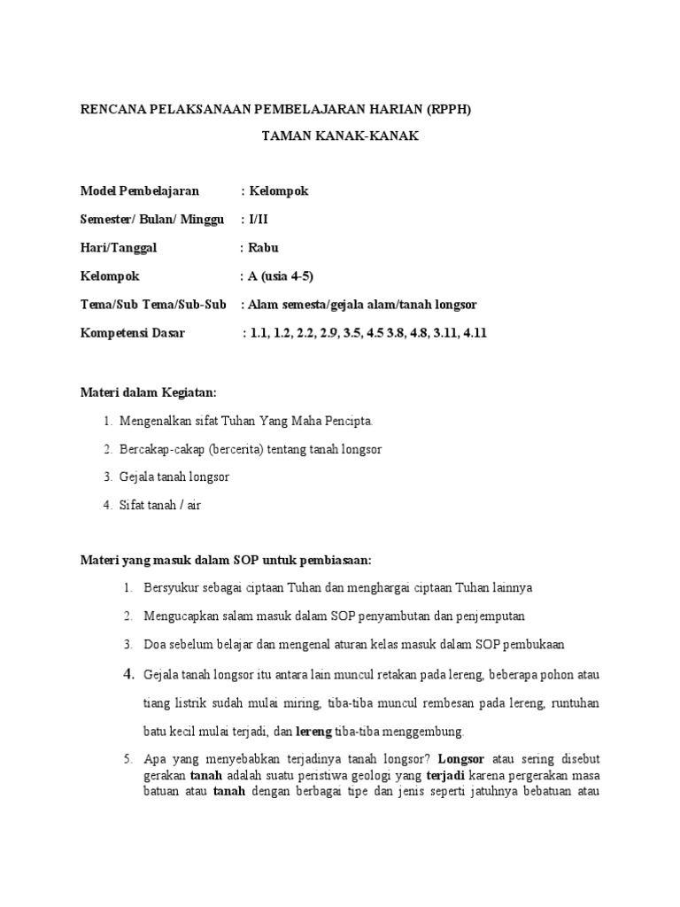 RPPH PAUD: Tema Alam Semesta dan Tanah Longsor | PDF