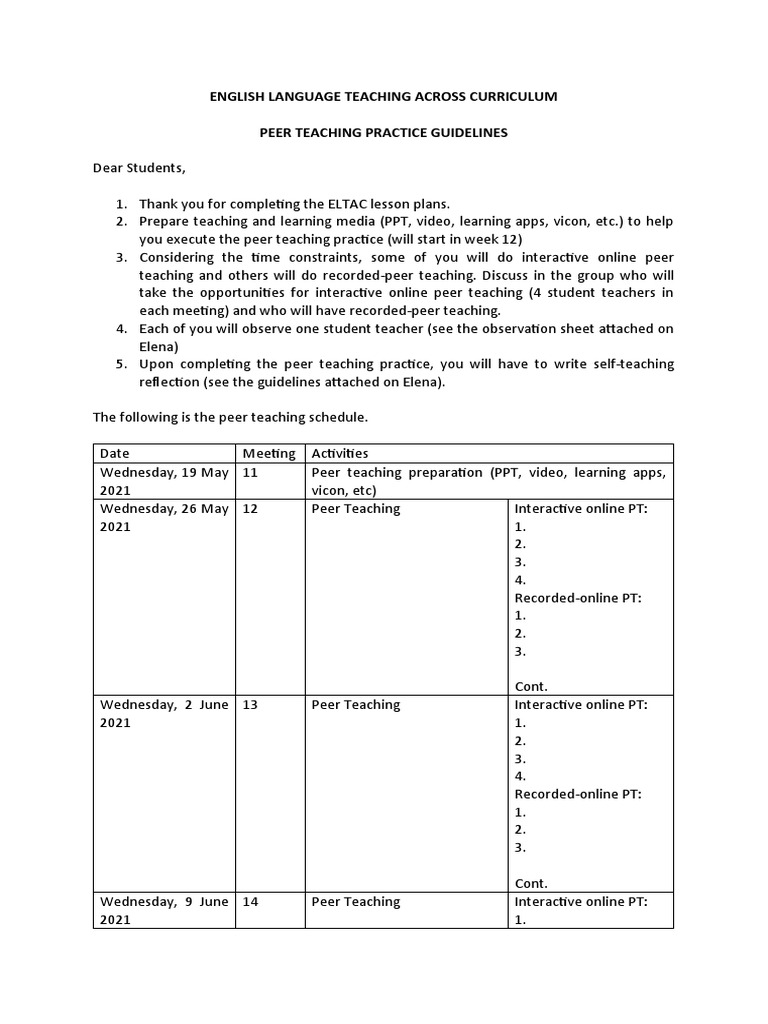 English Language Teaching Across Curriculum Peer Teaching Practice ...