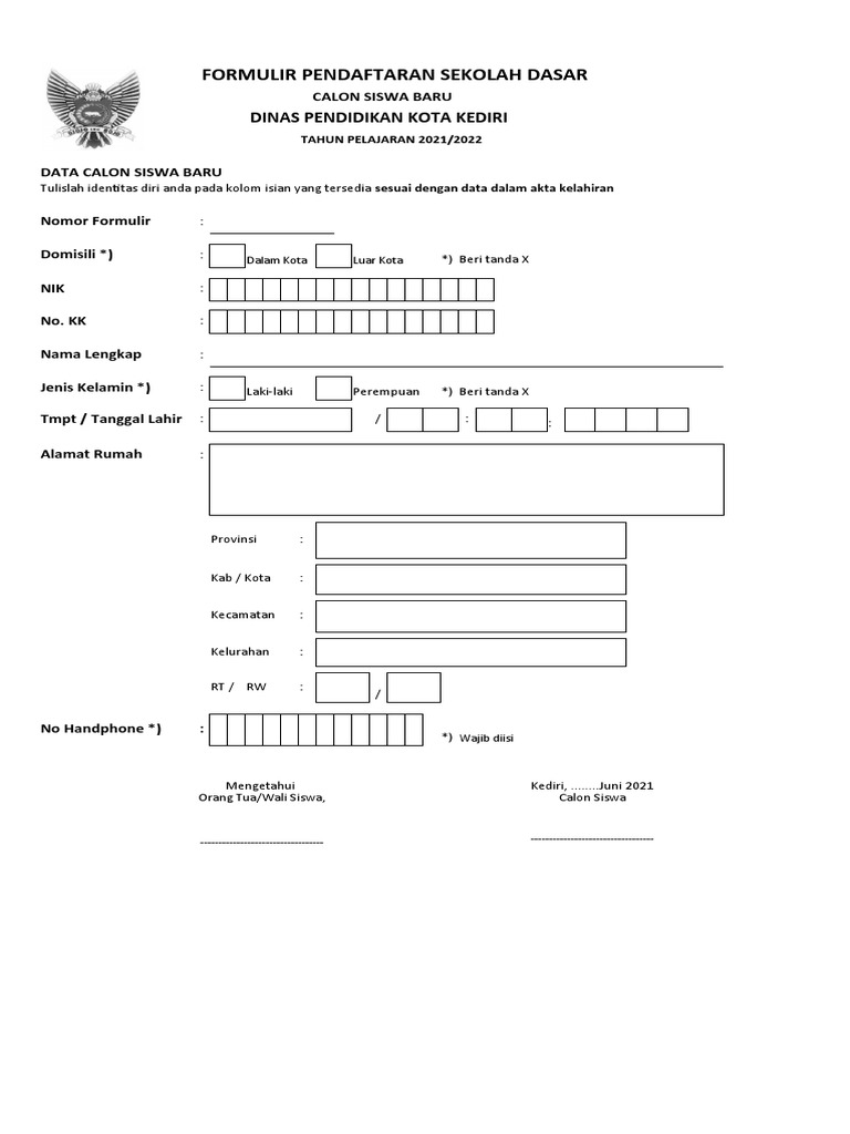 Formulir Daftar SD Kediri | PDF