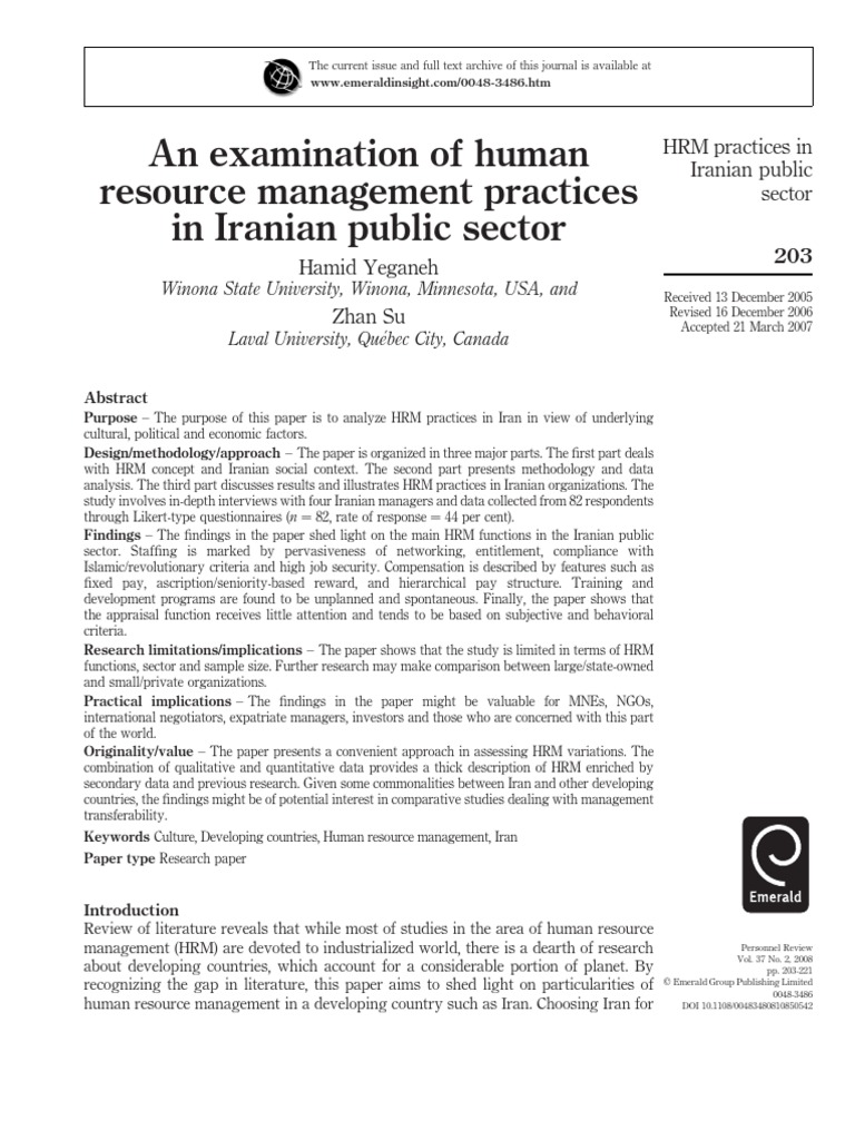 An Examination of Human Resource Management Practices in Iranian Public ...
