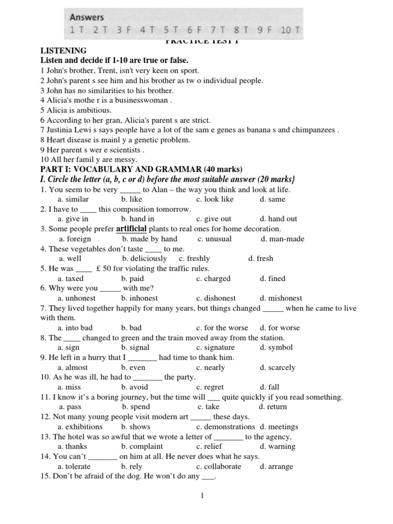 Practice Test 1 Listening Listen and Decide If 1-10 Are True or False ...