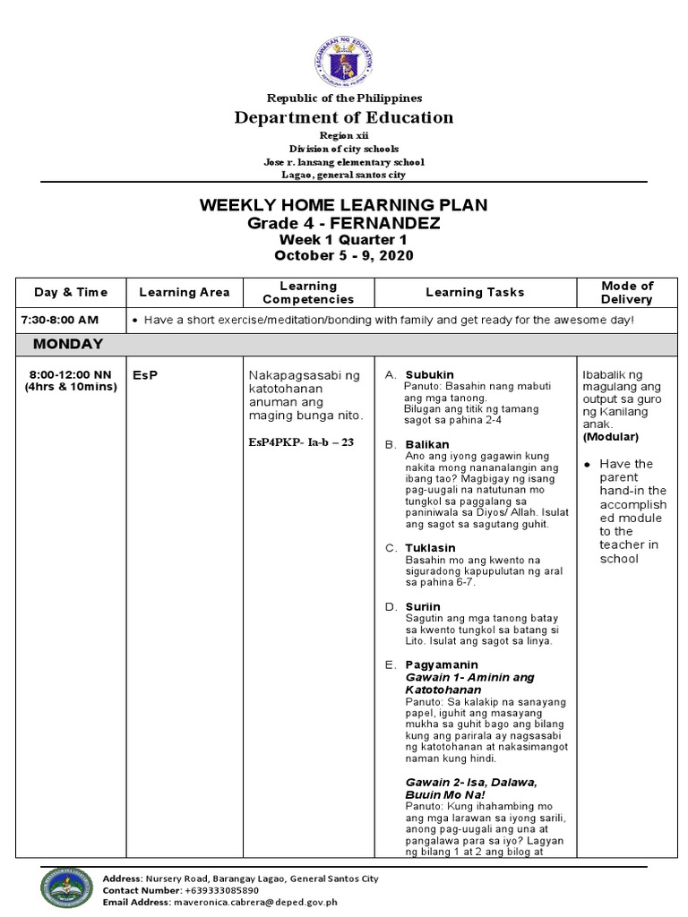 Department of Education: Weekly Home Learning Plan Grade 4 - Fernandez ...
