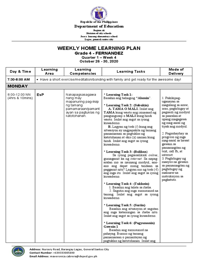 Weekly Home Learning Plan: Department of Education | PDF