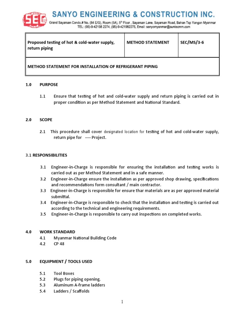 Method Of Statement For Testing Of Hot Water And Cold Water Supply And