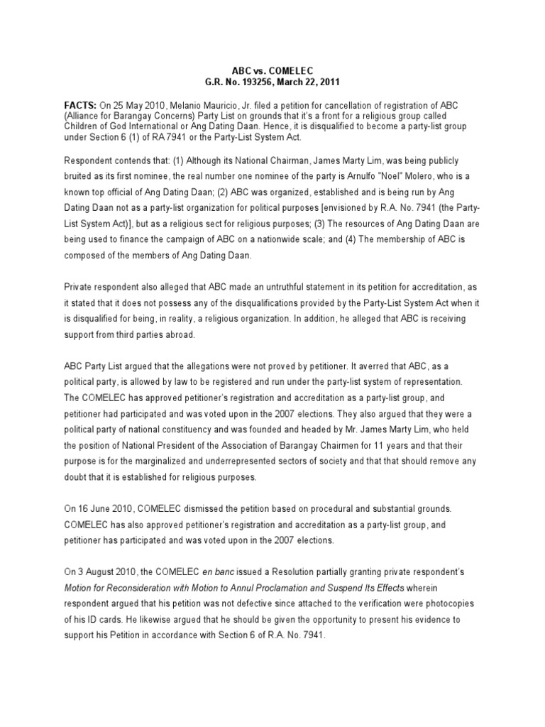 ABC Party List v. COMELEC | PDF | Commission On Elections (Philippines ...