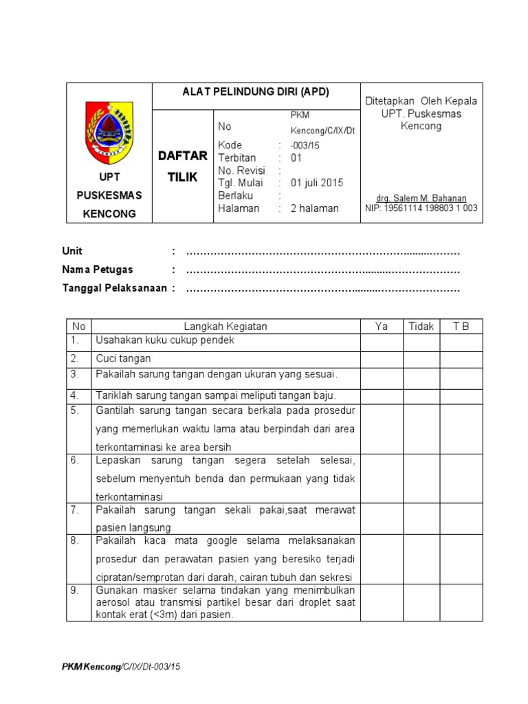 Daftar Tilik APD | PDF